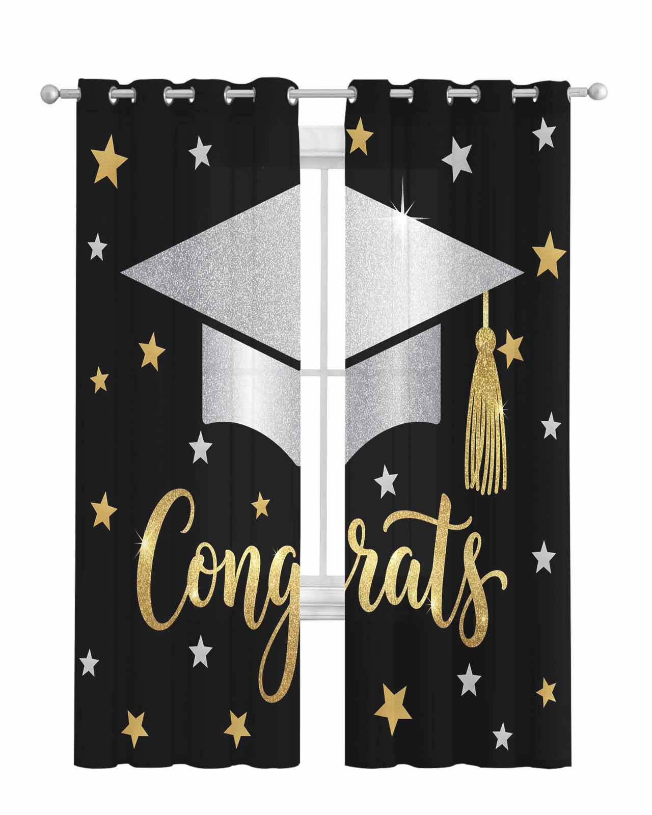 Black Stars Graduation Sheer Curtains 63 Inch Length 2 Panels Set for ...