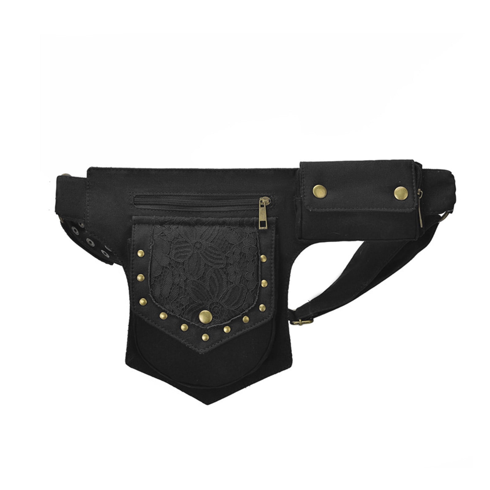 Black Steampunk Vintage Leather Waist Bag For Women, Adjustable ...