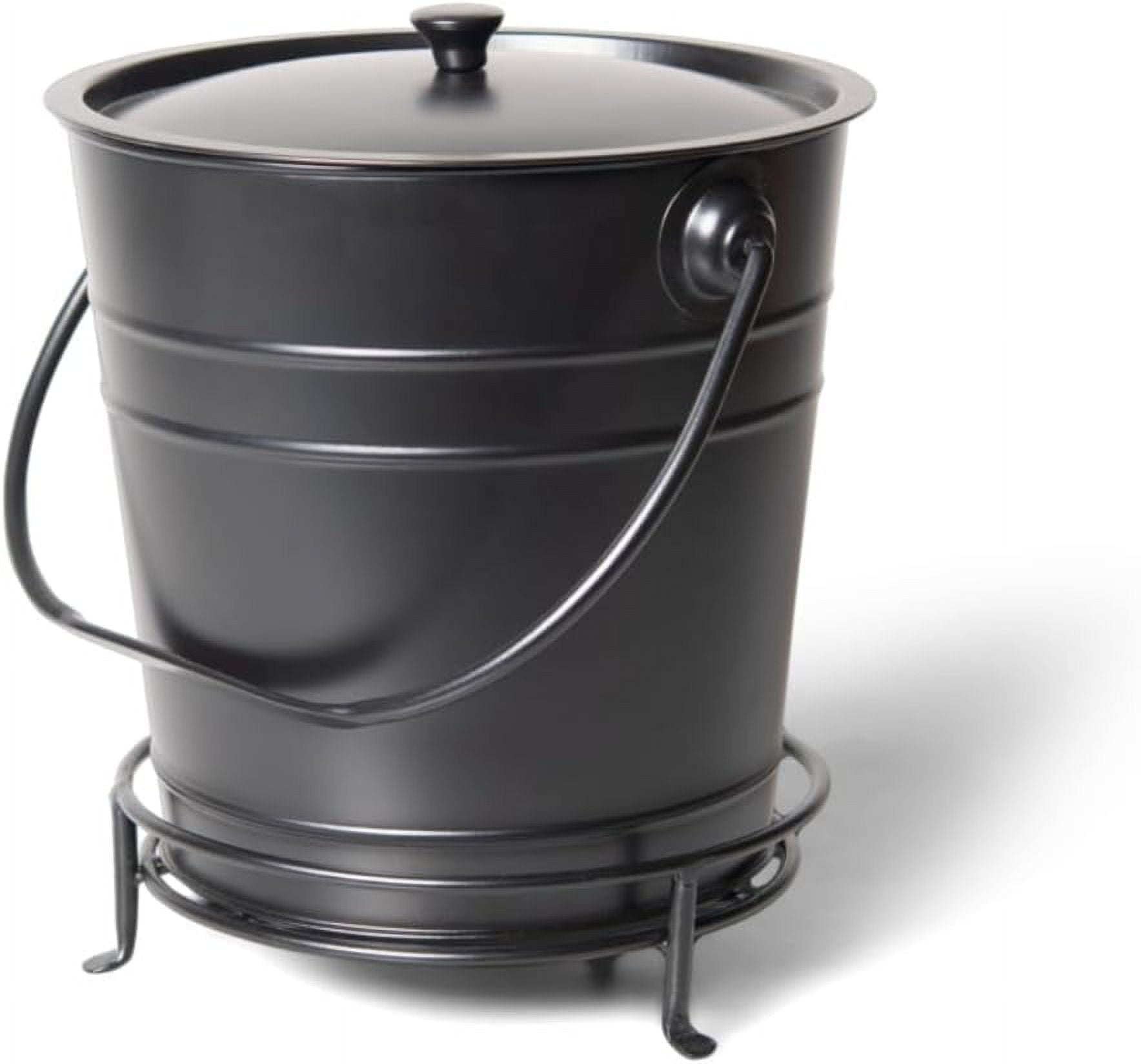 Black Steel Ash Bucket with Floor Protection Stand, Fireproof Holds 8 ...