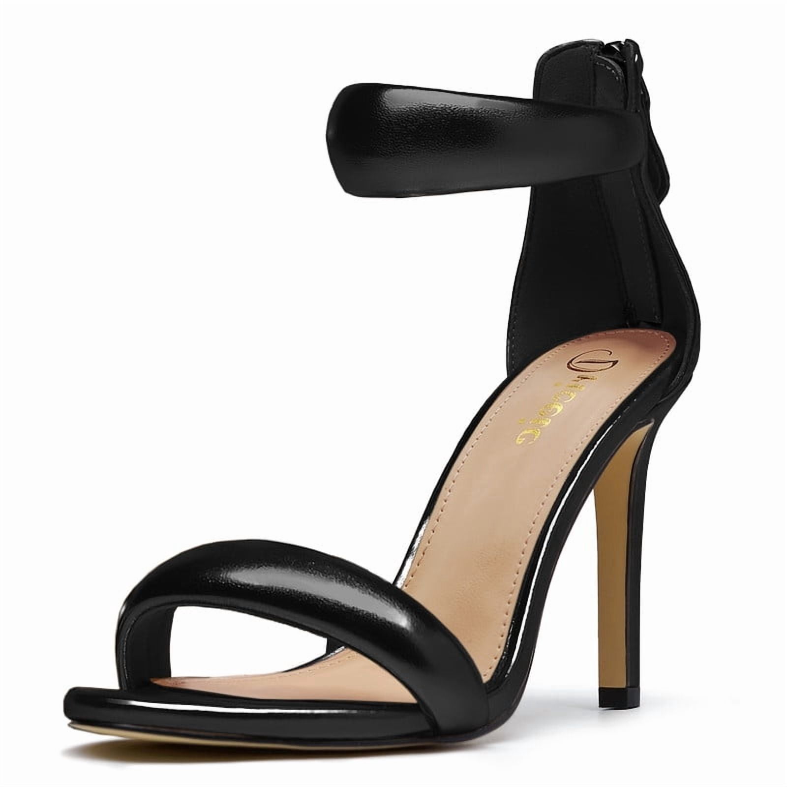Black Stiletto Heels For Women Back Zipper Round Open Toe Ankle Strappy ...