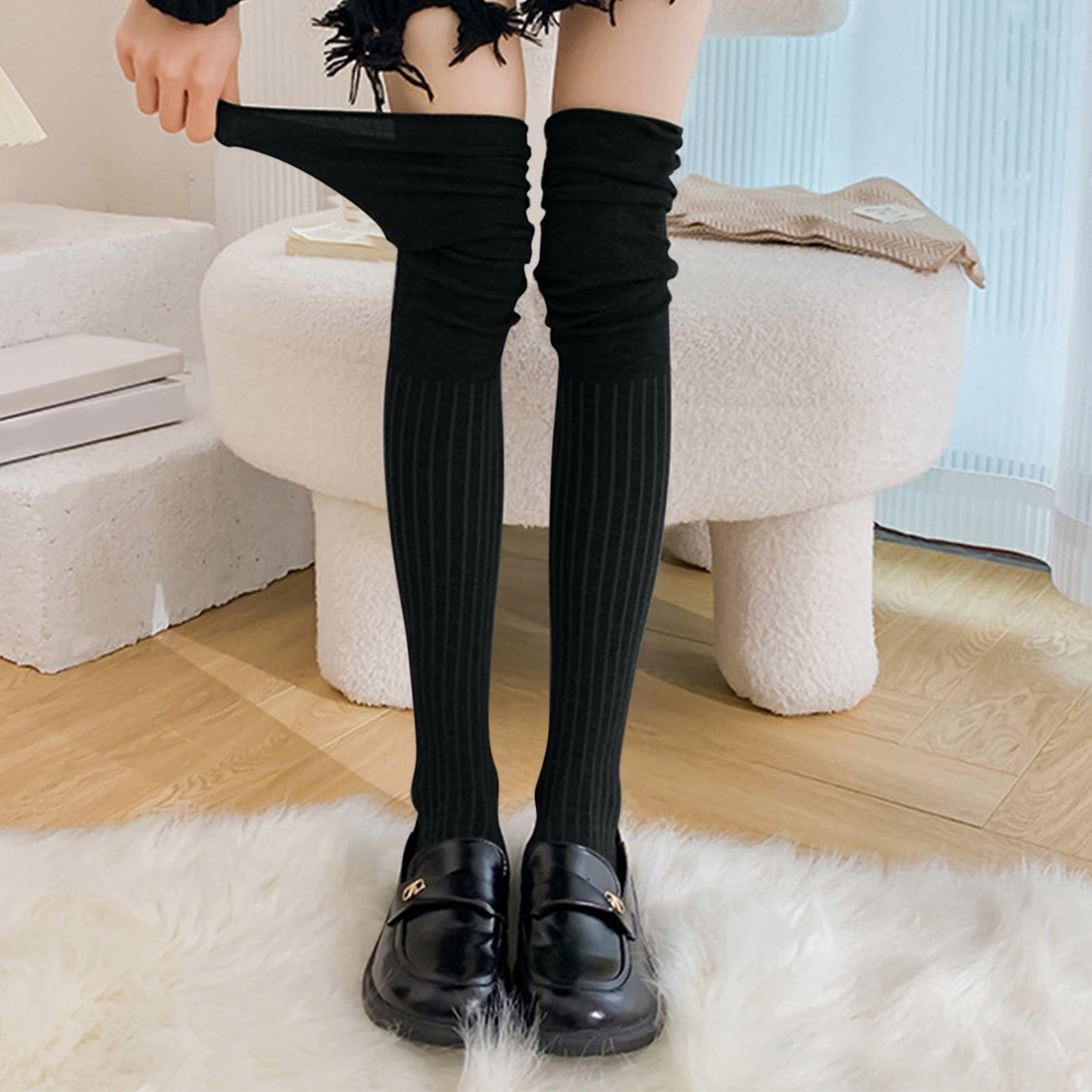 Black Stockings Women Solid Knitted Cotton Stocking Thigh Long Warmers ...