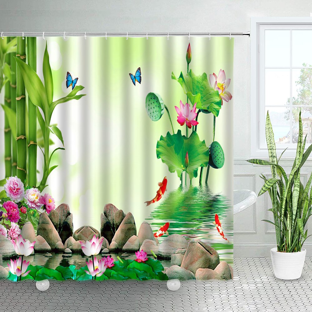 Black Stone Green Bamboo White Lotus Zen Shower Curtain Water Swan Koi ...