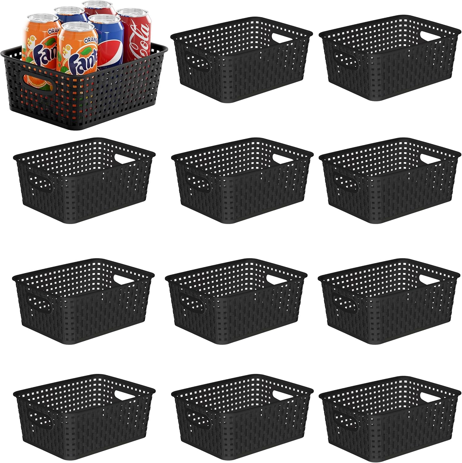 Black Storage Baskets, 12-Pack Stackable Plastic Woven Basket Organizer ...