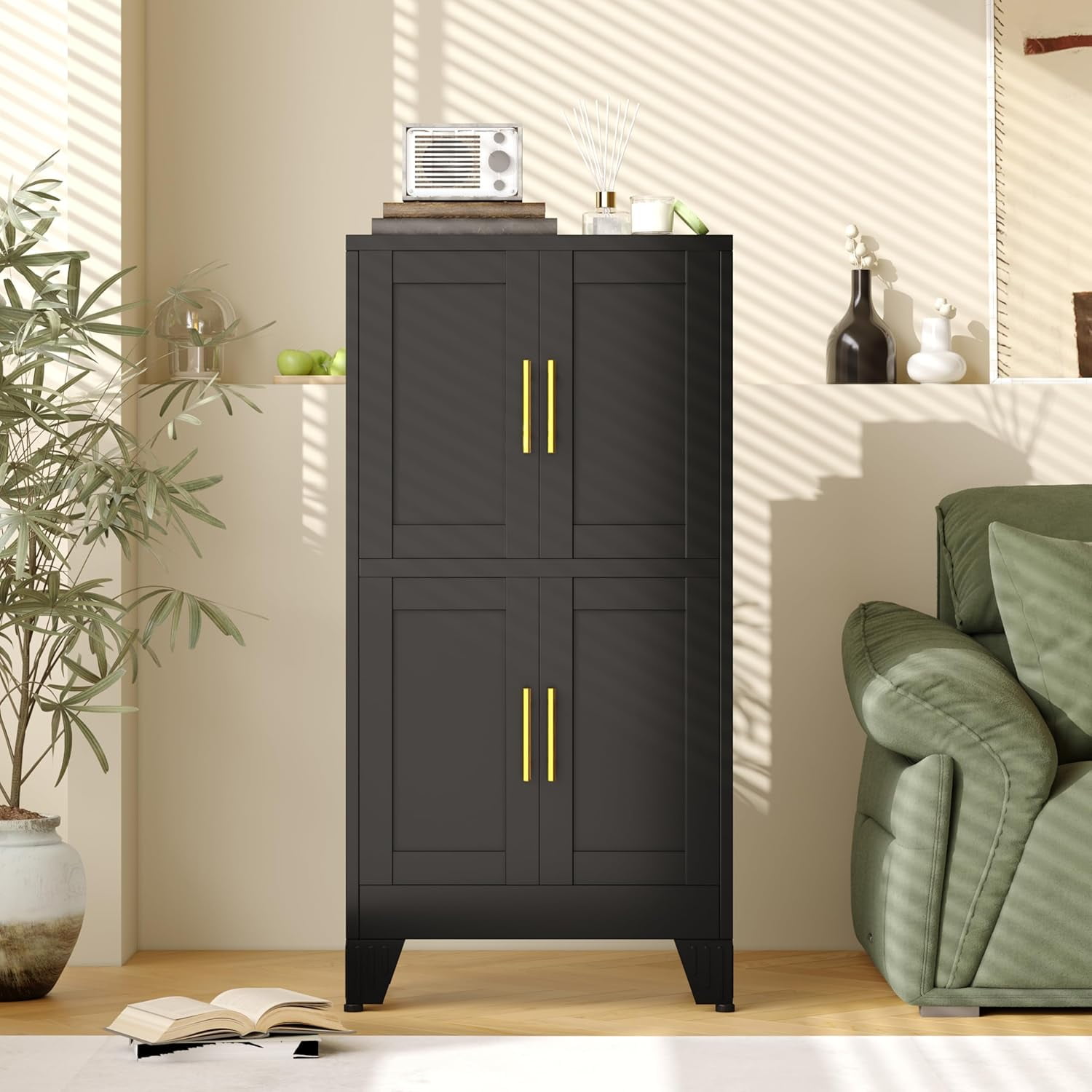 Black Storage Cabinet, Kitchen Pantry Cabinet with 4 Doors and 3 ...