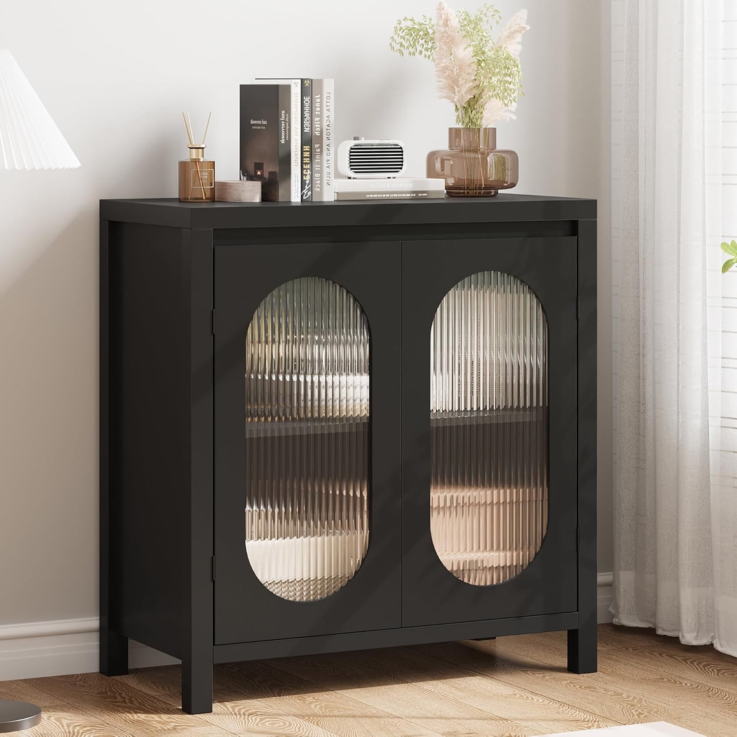 Black Storage Cabinet, Modern Sideboard Buffet Cabinet with Glass Doors ...
