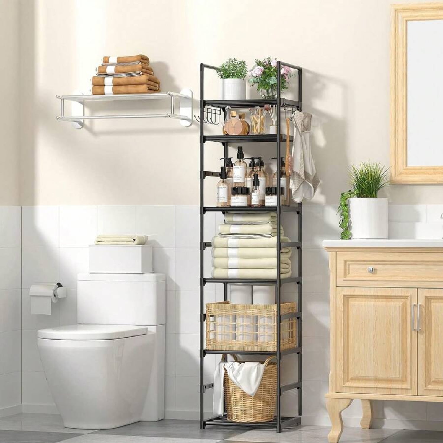 Black Storage Rack - Rust-Resistant Metal Bathroom Organizer Shelves ...