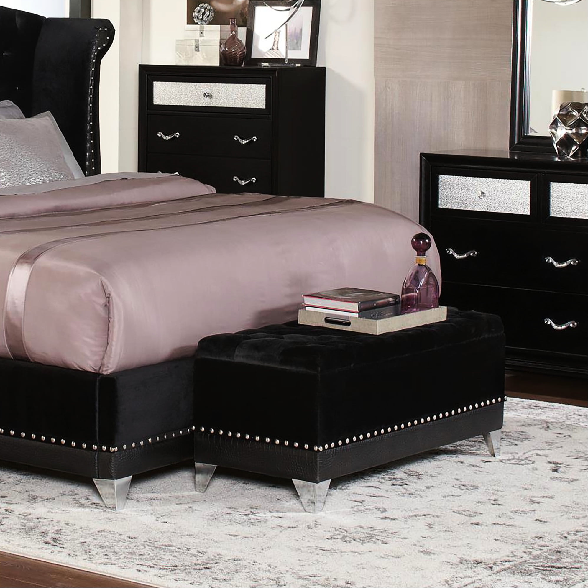 Black Storage Trunk With Mirror Legs And Tufting - Glamorous Look Foam ...