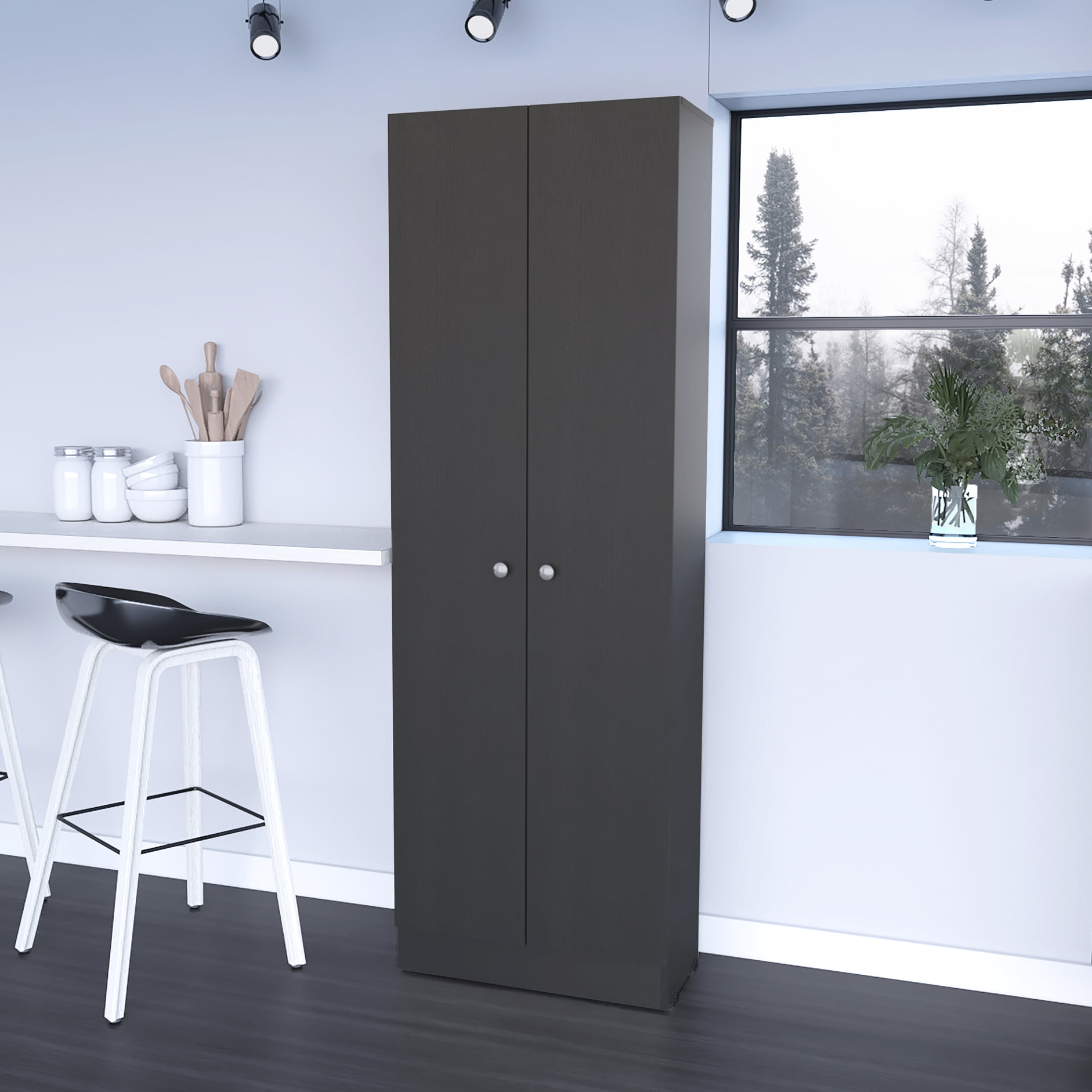 Black Storage Unit For Kitchen - 5 Shelves, 2 Doors, Organized Space ...