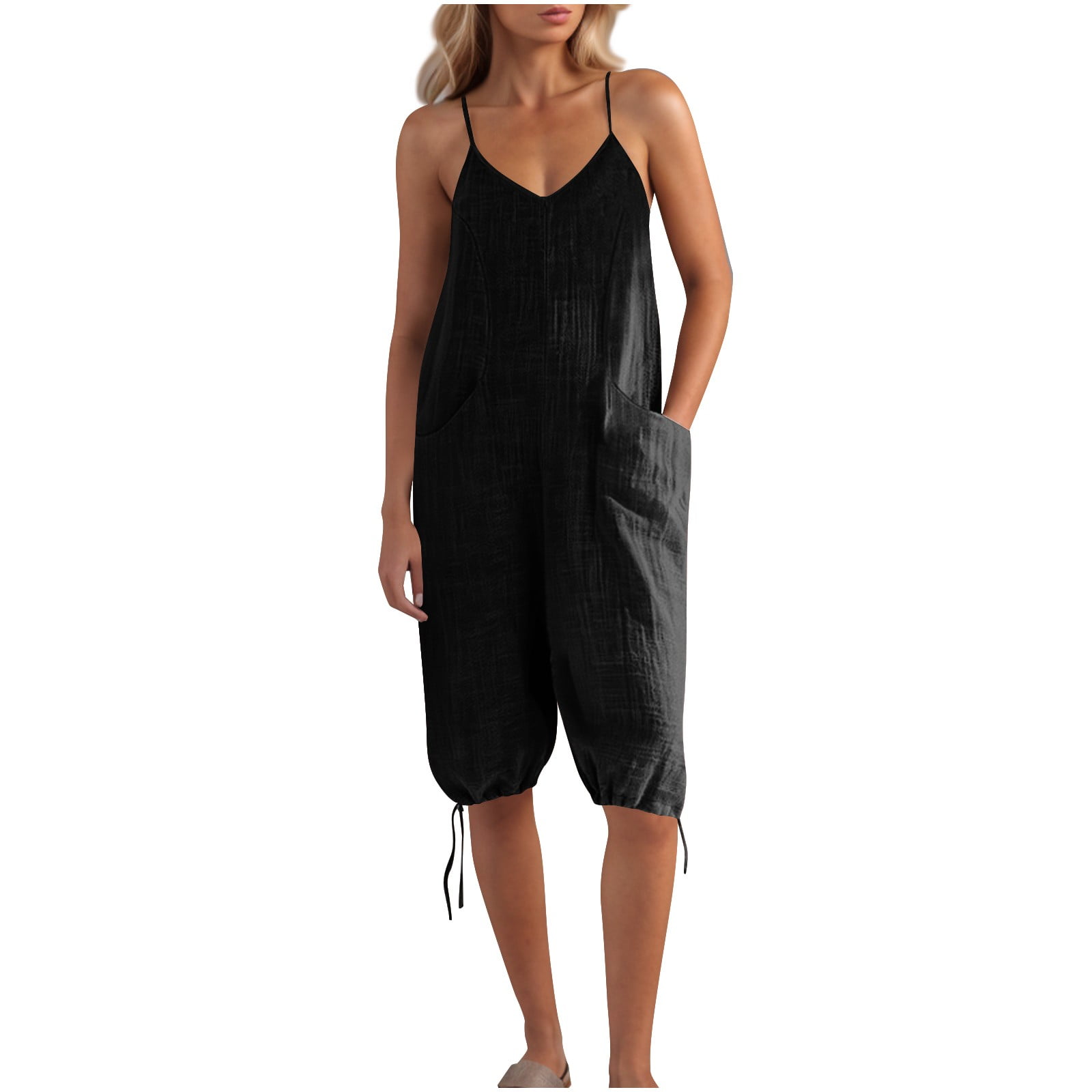 Black Straight Leg Plain Lounge Jumpsuits Shortalls for Women Fall Summer Faux Linen Loose Fit ...
