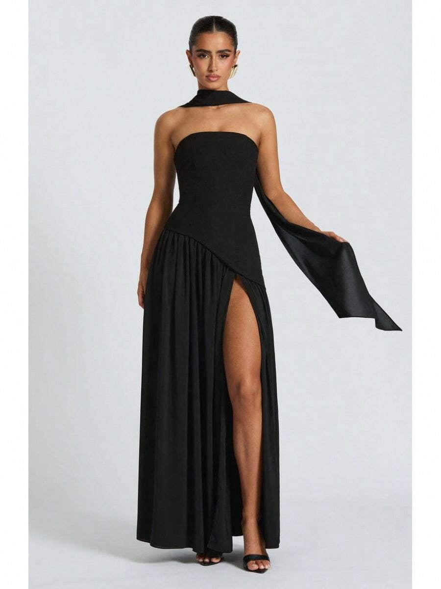 Black Strapless Asymmetrical Maxi Dress With Draped Choker Neck And ...