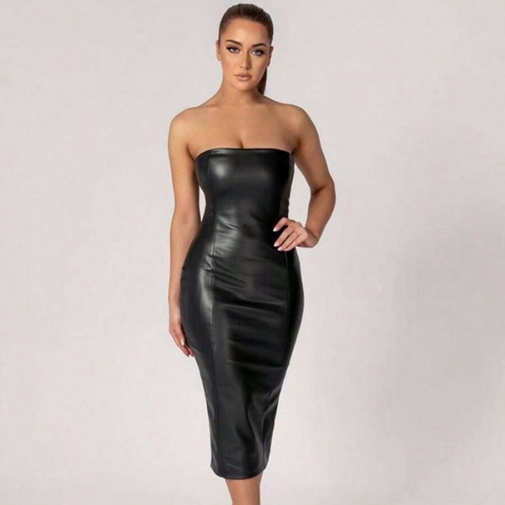 Black Strapless PU Leather Midi Dress With Curve-Hugging Silhouette And ...