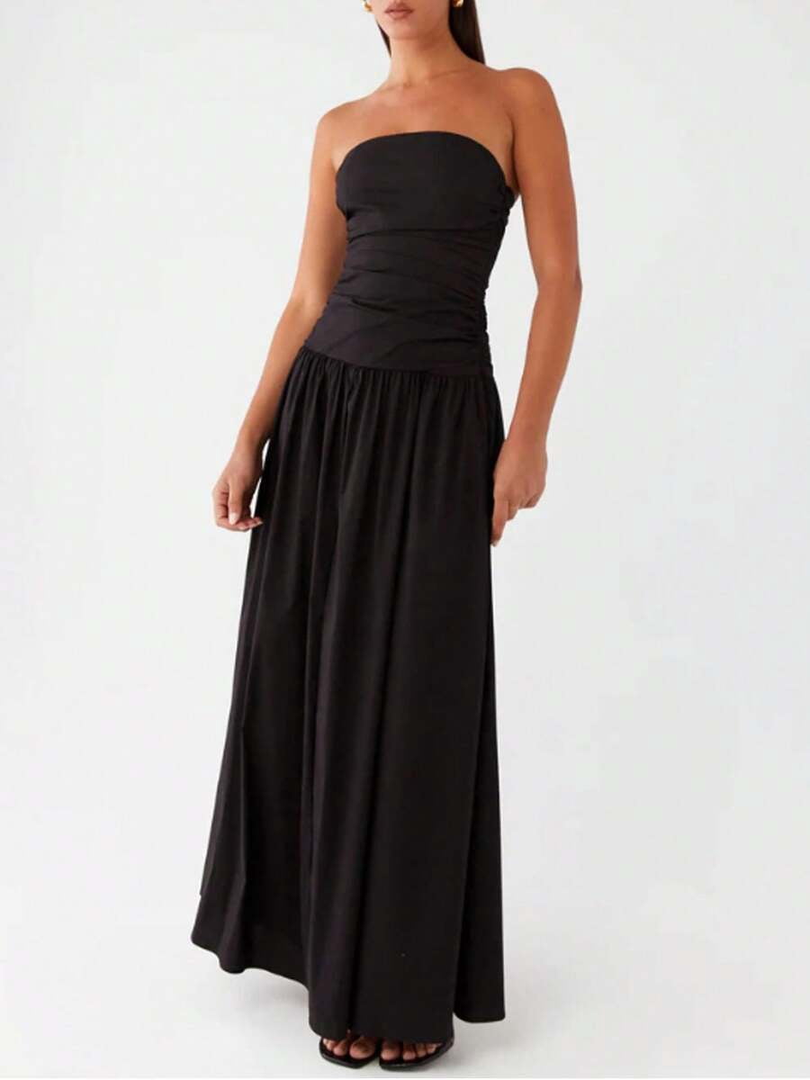 Black Strapless Ruched Drop Waist Maxi Dress Flowy A-Line Womens ...