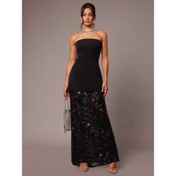Black Strapless Sequined Lace Maxi Dress With Flared Hem, Elegant ...