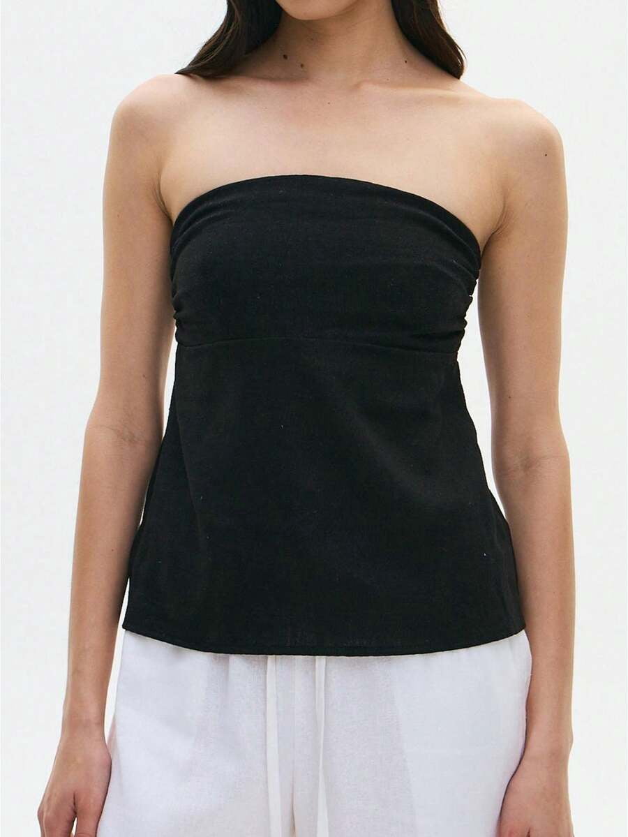 Black Strapless Tube Top With Ruched Waist And Peplum Hem For Women ...