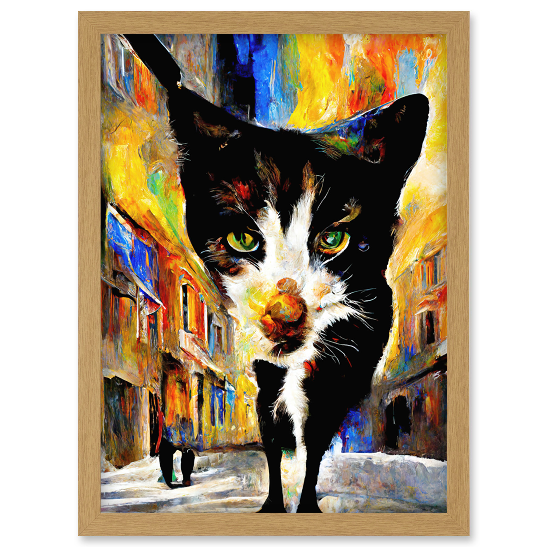 Black Street Cat Walking Bright Neighbourhood Night Artwork Framed Wall ...
