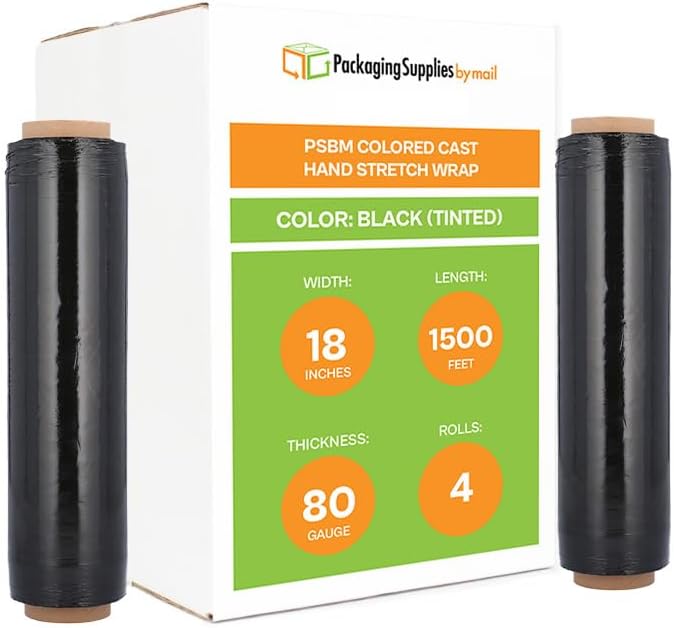 Black Stretch Wrap, 4 Pack, 18 Inch x 1500 Feet, 80 Gauge, Tinted ...