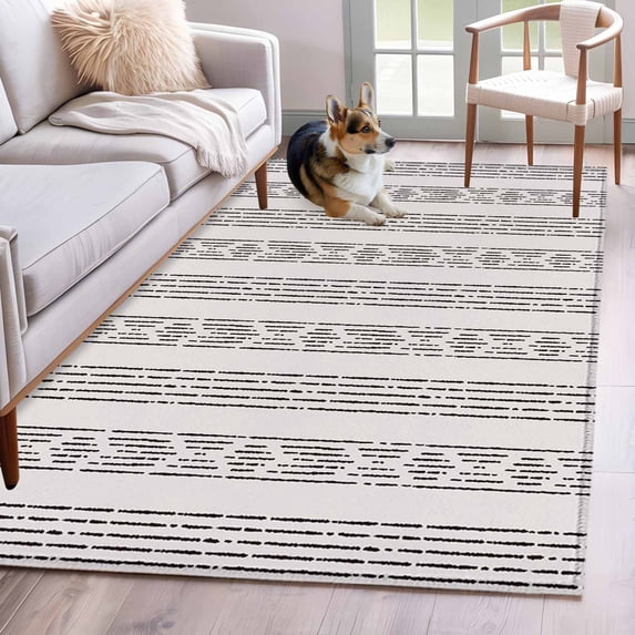 Black Stripe 3'x5' Washable Rug, Modern Abstract Vertical Stripes Beige ...