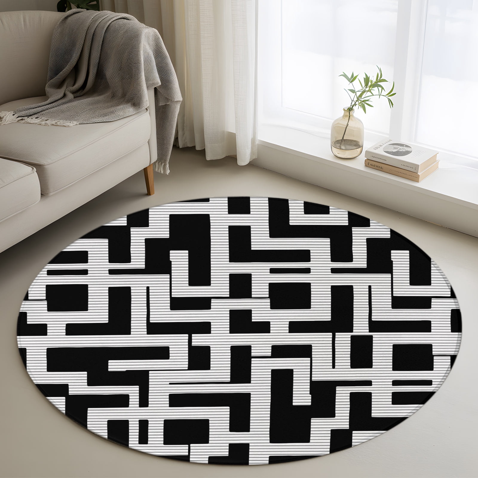 Black Stripe 3FT Round Area Rug Abstract Minimalist Geometric ...
