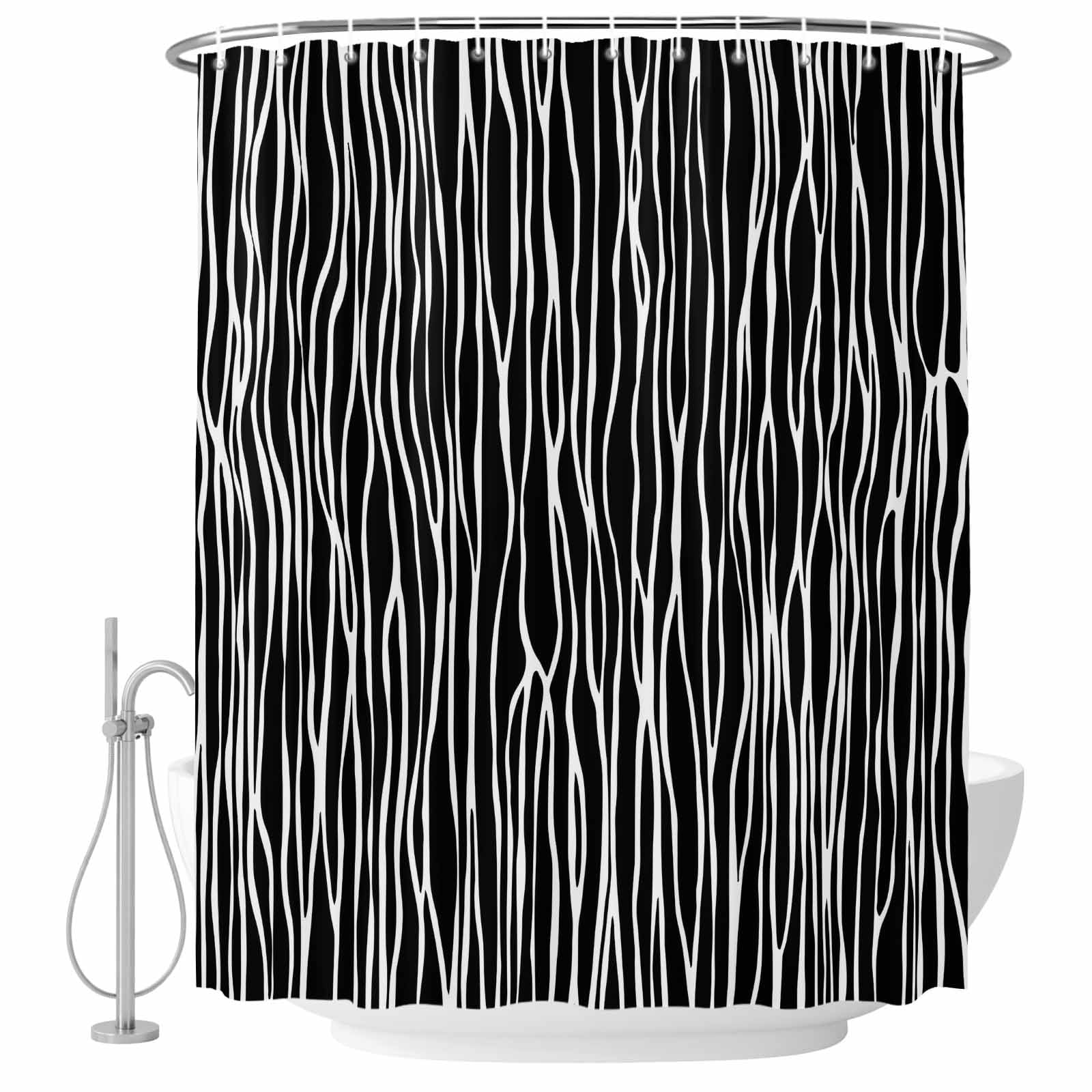 Black Stripe Bathroom Shower Curtains with Hooks, Retro Abstract Art ...