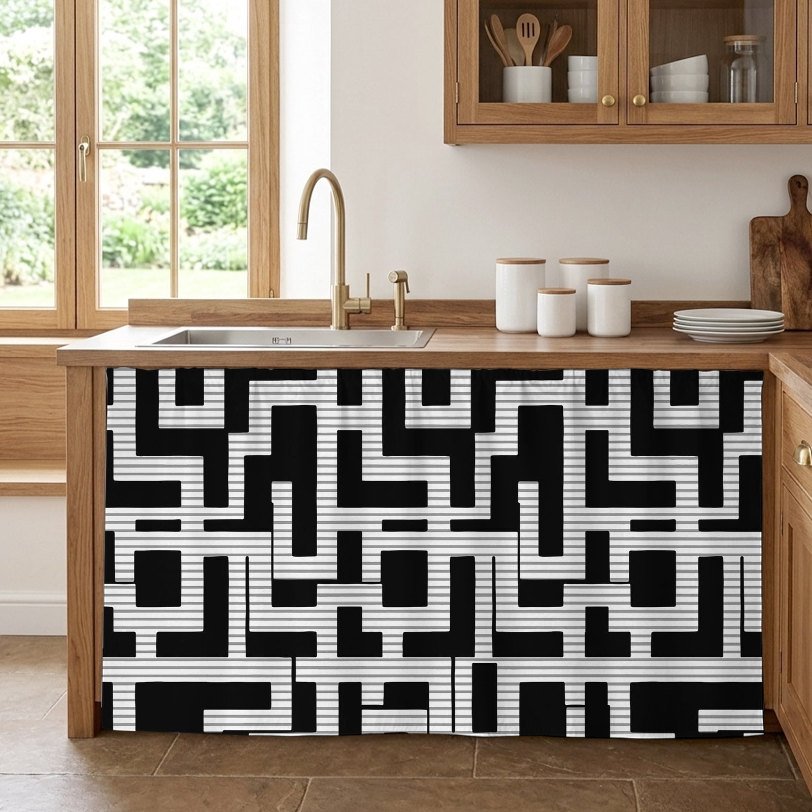 Black Stripe Cabinet Curtains 28" W x 51" L, Abstract Minimalist ...