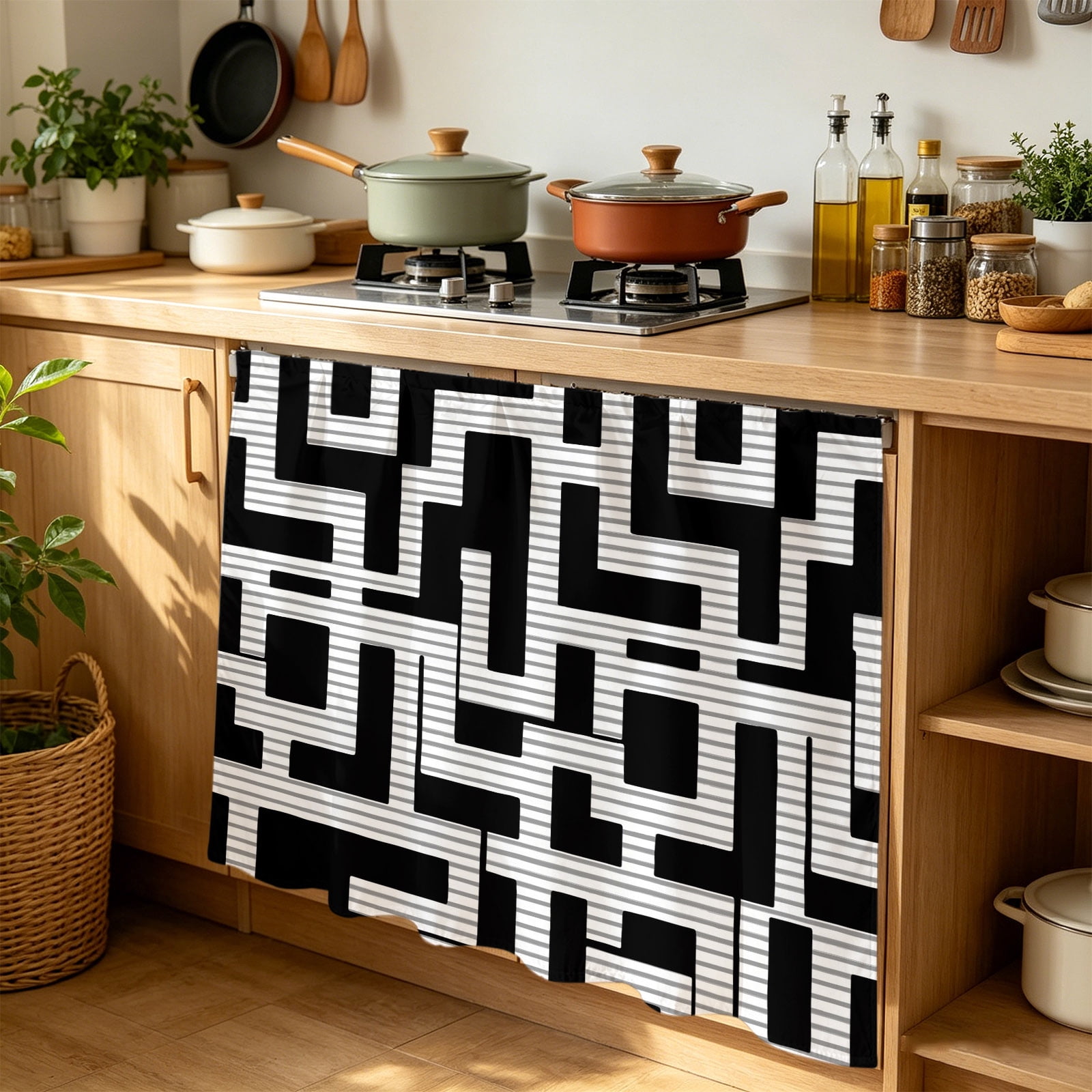 Black Stripe Cabinet Curtains 35" W x 35" L, Abstract Minimalist ...