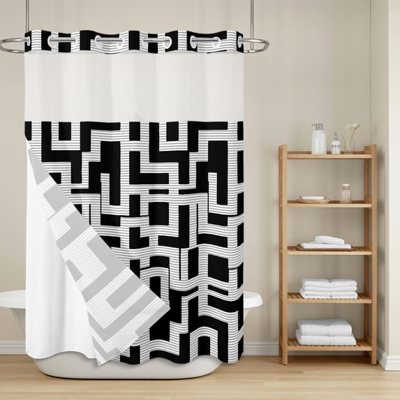 Black Stripe No Hook Shower Curtain with Snap in Liner, Abstract ...