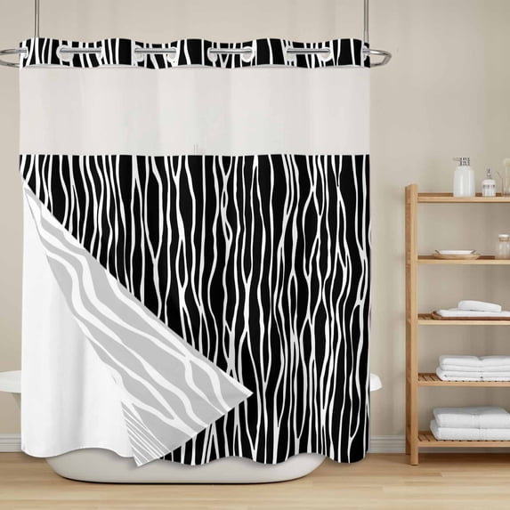 Black Stripe No Hook Shower Curtain with Snap in Liner, Retro Abstract ...