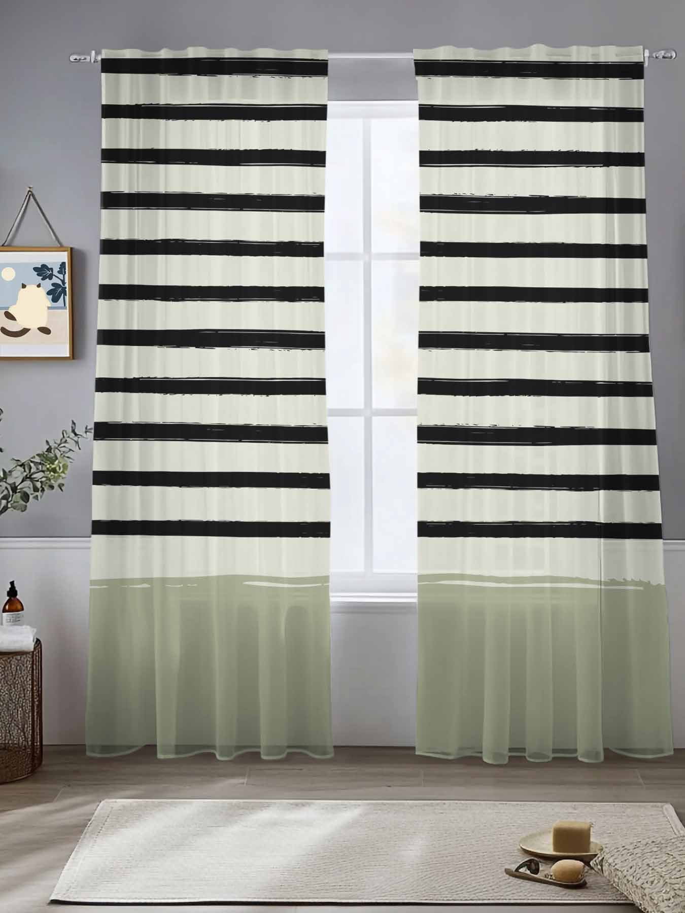 Black Stripe Sage Green Block Chiffon Sheer Curtains 84 Inches Long ...