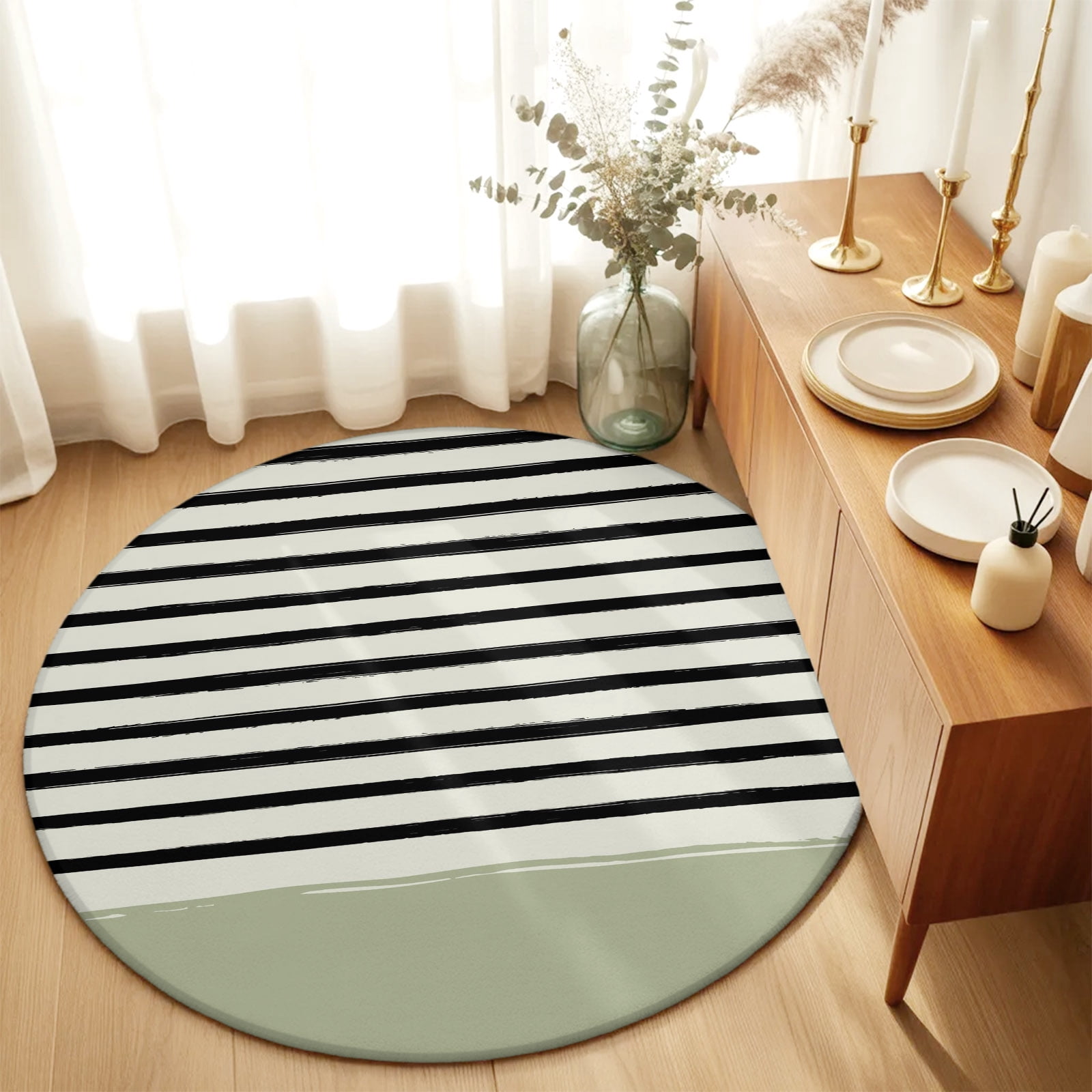 Black Stripe Sage Green Block Round Area Rug 3ft,Living Room Rug Non ...