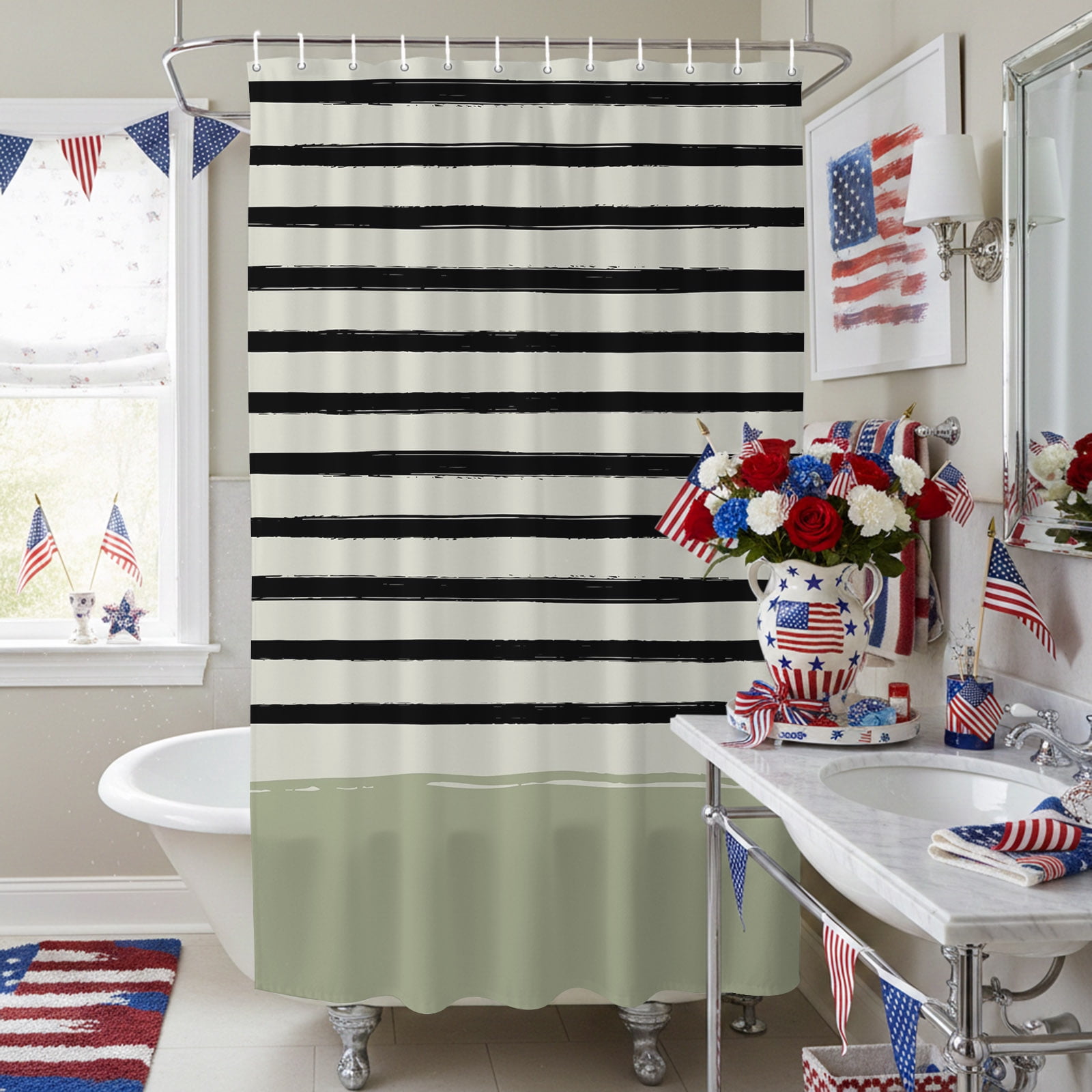 Black Stripe Sage Green Block Shower Curtain for Bathroom, Minimalist ...