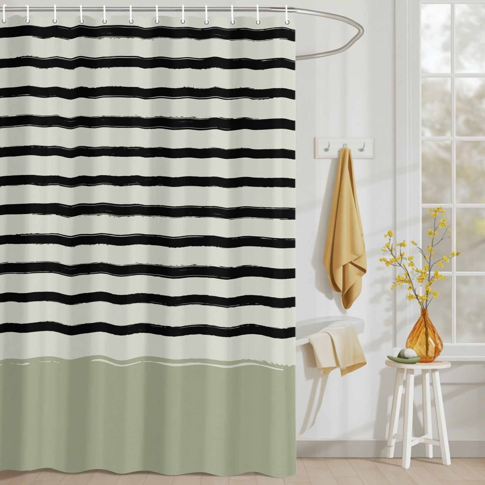 Black Stripe Sage Green Block Shower Curtain Set, Waterproof Shower ...