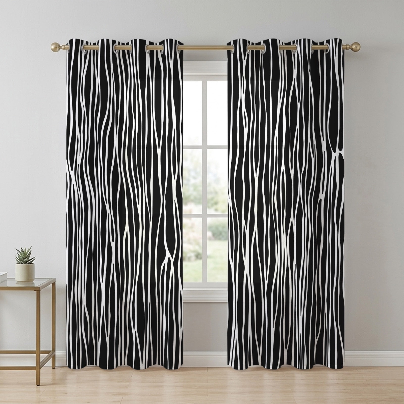 Black Stripe Sheer Curtains 63 Inch Long 2 Panels, Retro Abstract Art ...