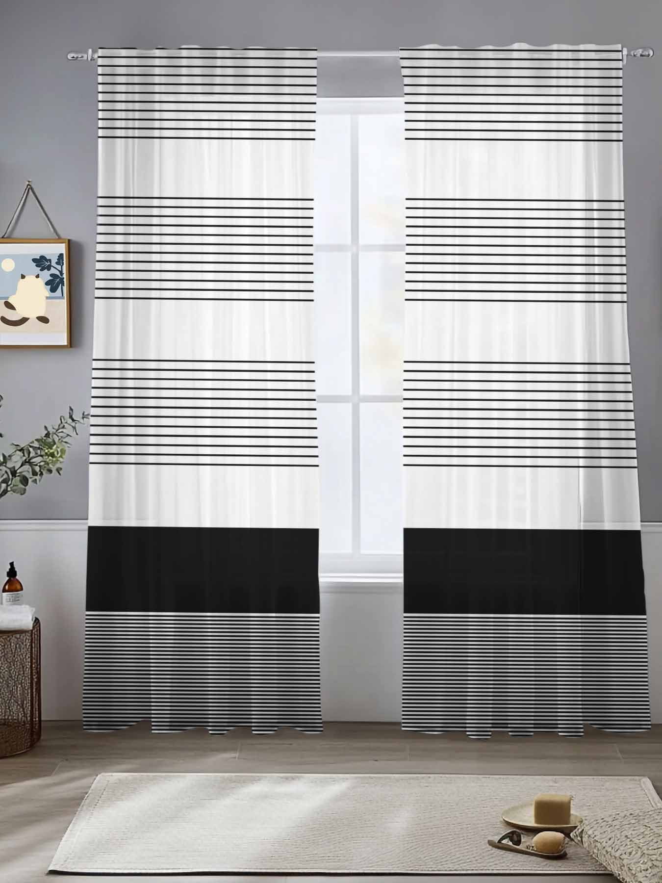 Black Stripe Sheer Curtains for Living Room Bedroom Modern Rustic ...