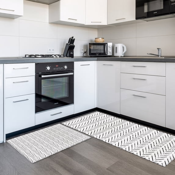 Black Striped 2 Pieces Non-Slip Kitchen Mat Set, Geometric Soft Door ...