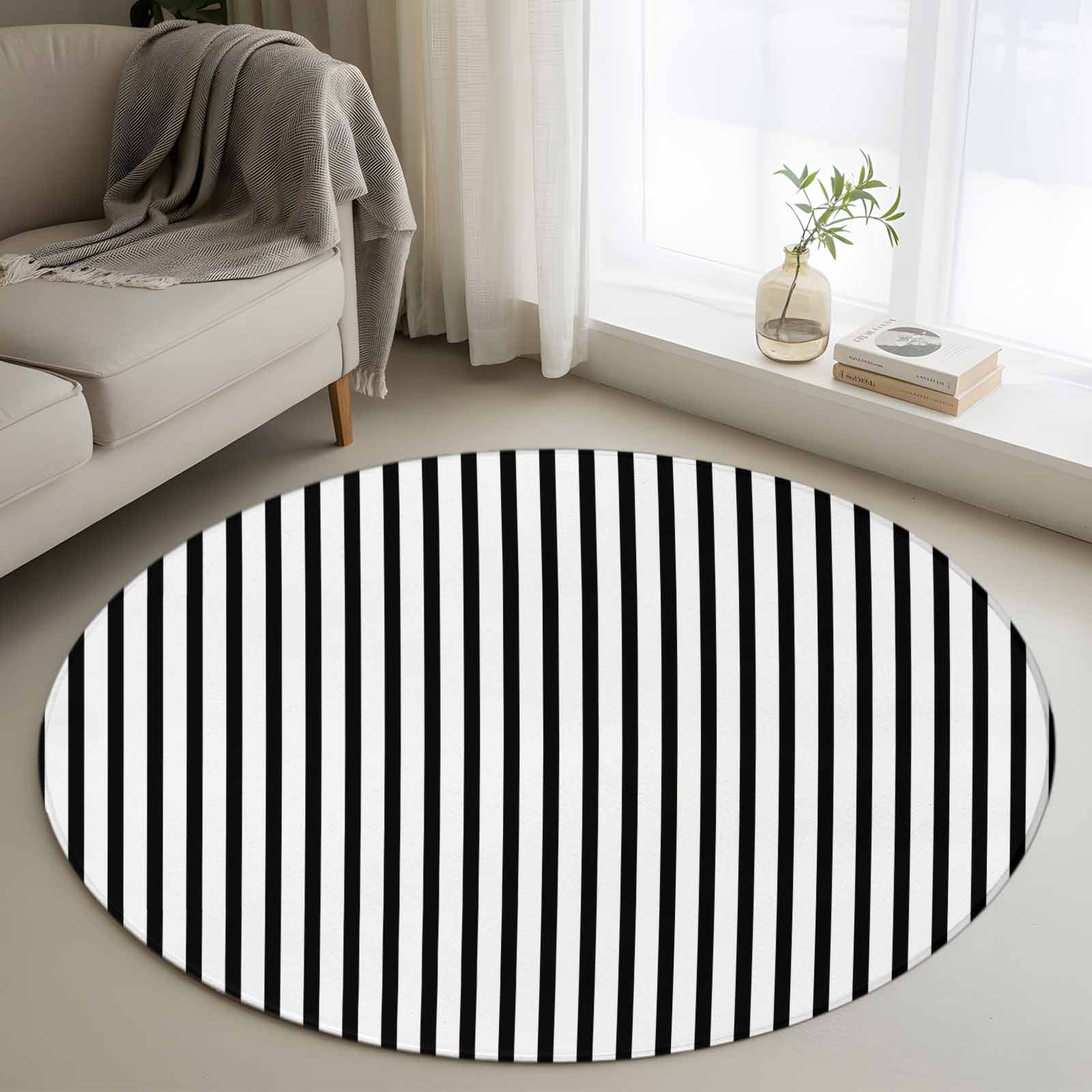 Black Striped 4FT Round Area Rugs Modern Stripes Farmhouse Rustic ...
