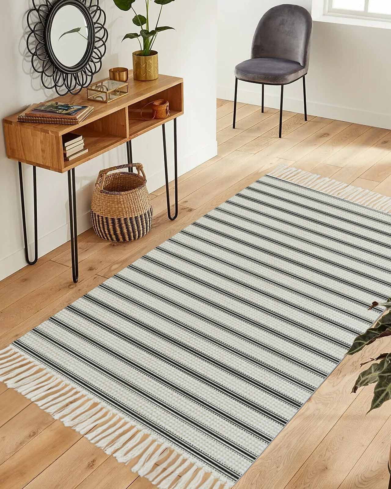 Black Striped Area Rug 3x5ft Woven Runner Rug, Black White Stripes ...