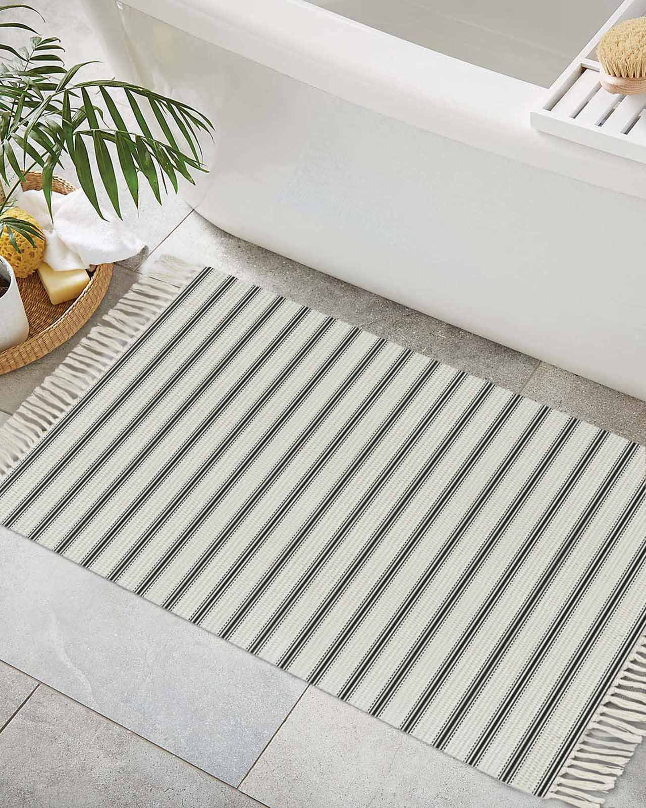Black Striped Bath Rug 2x3ft Woven Bathroom Entryway Runner Rug,Black ...