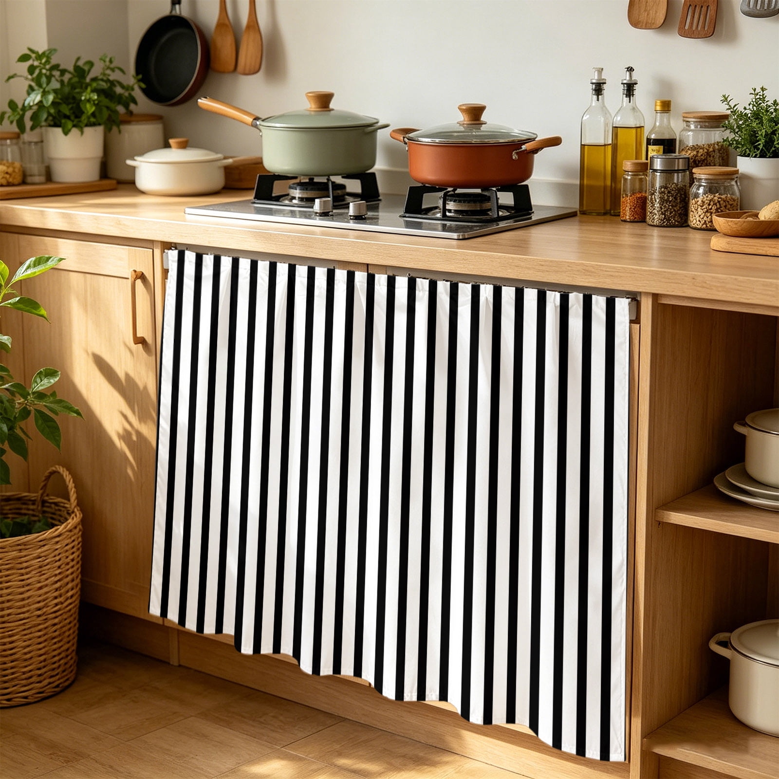 Black Striped Cabinet Curtains 35" W x 35" L Modern Stripes Farmhouse ...