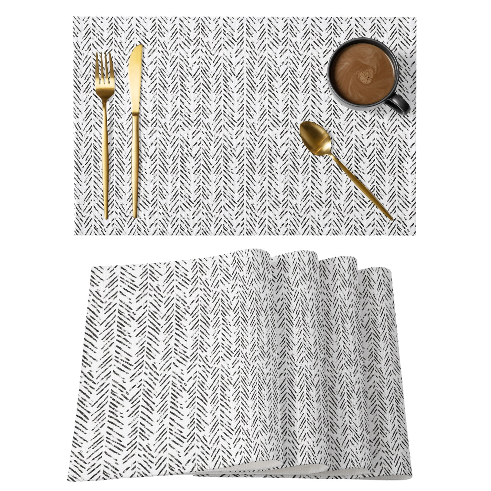Black Striped Cotton Linen Placemats Set of 2, White Background Modern ...