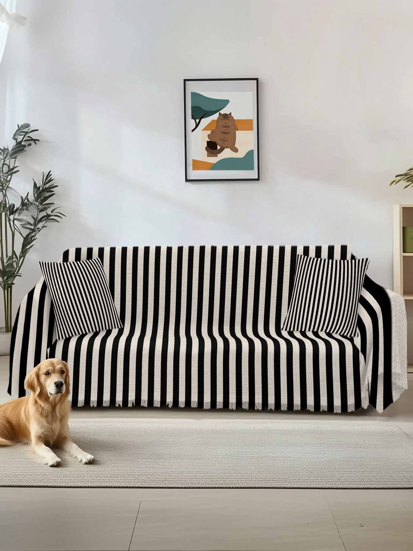 Black Striped Couch Cover, Modern Simple Farmhouse Beige Vintage Sofa ...