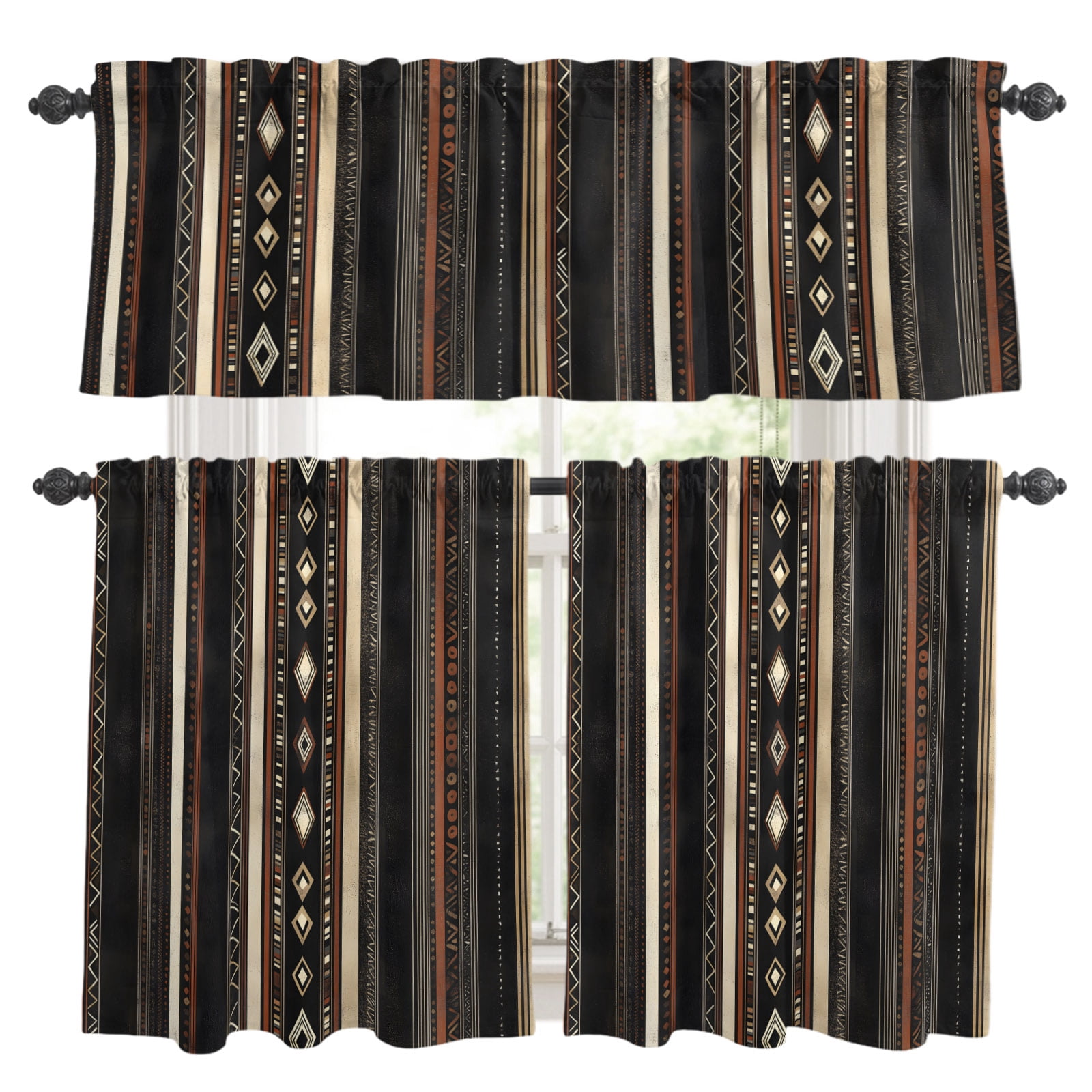 Black Striped Geometric Kitchen Curtains Set for Windows, Vintage ...