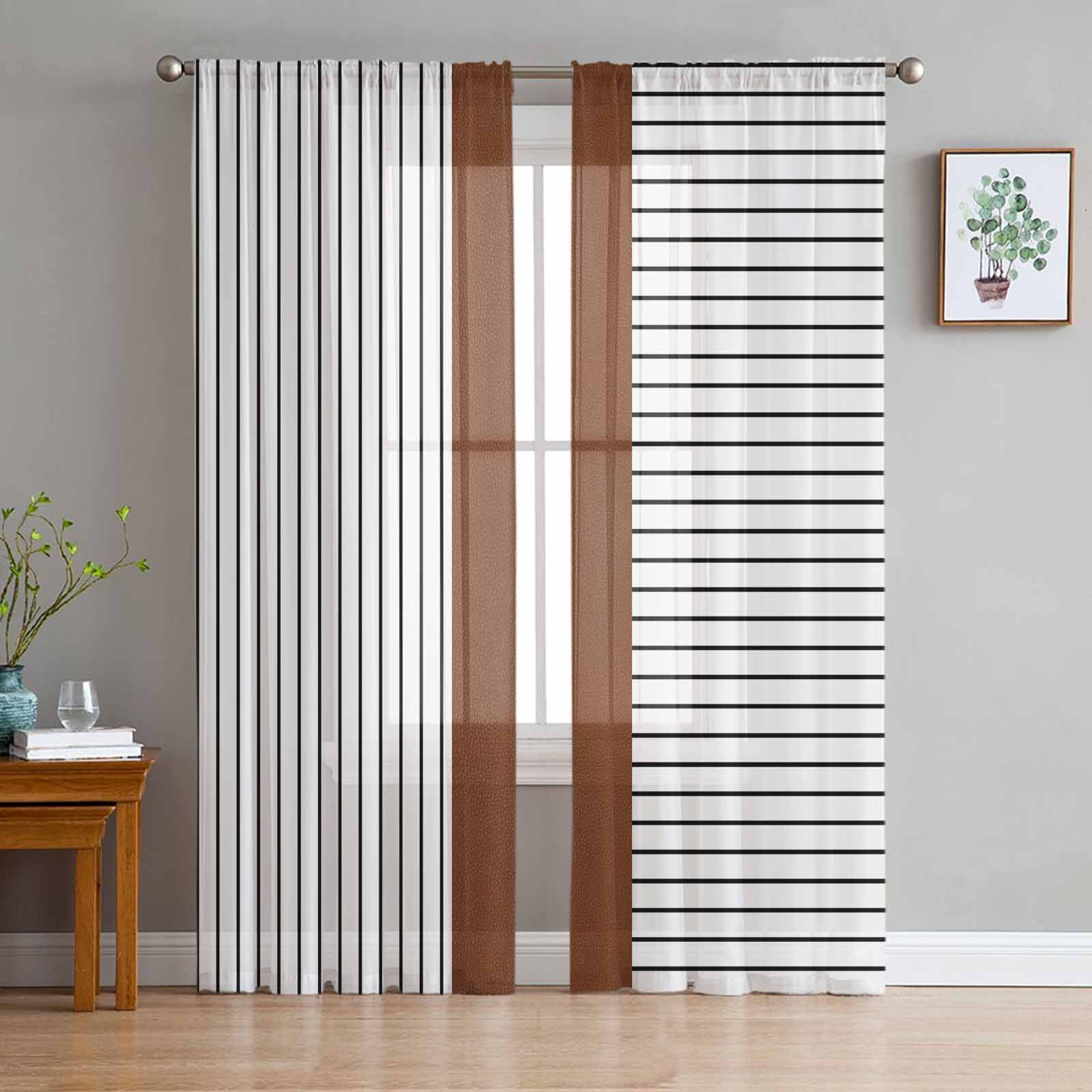 Black Striped Geometric Semi Sheer Curtains 72 Inch Length 2 Panels Set ...