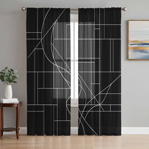 Black Striped Geometric Sheer Curtains for Living Room Bedroom Modern ...
