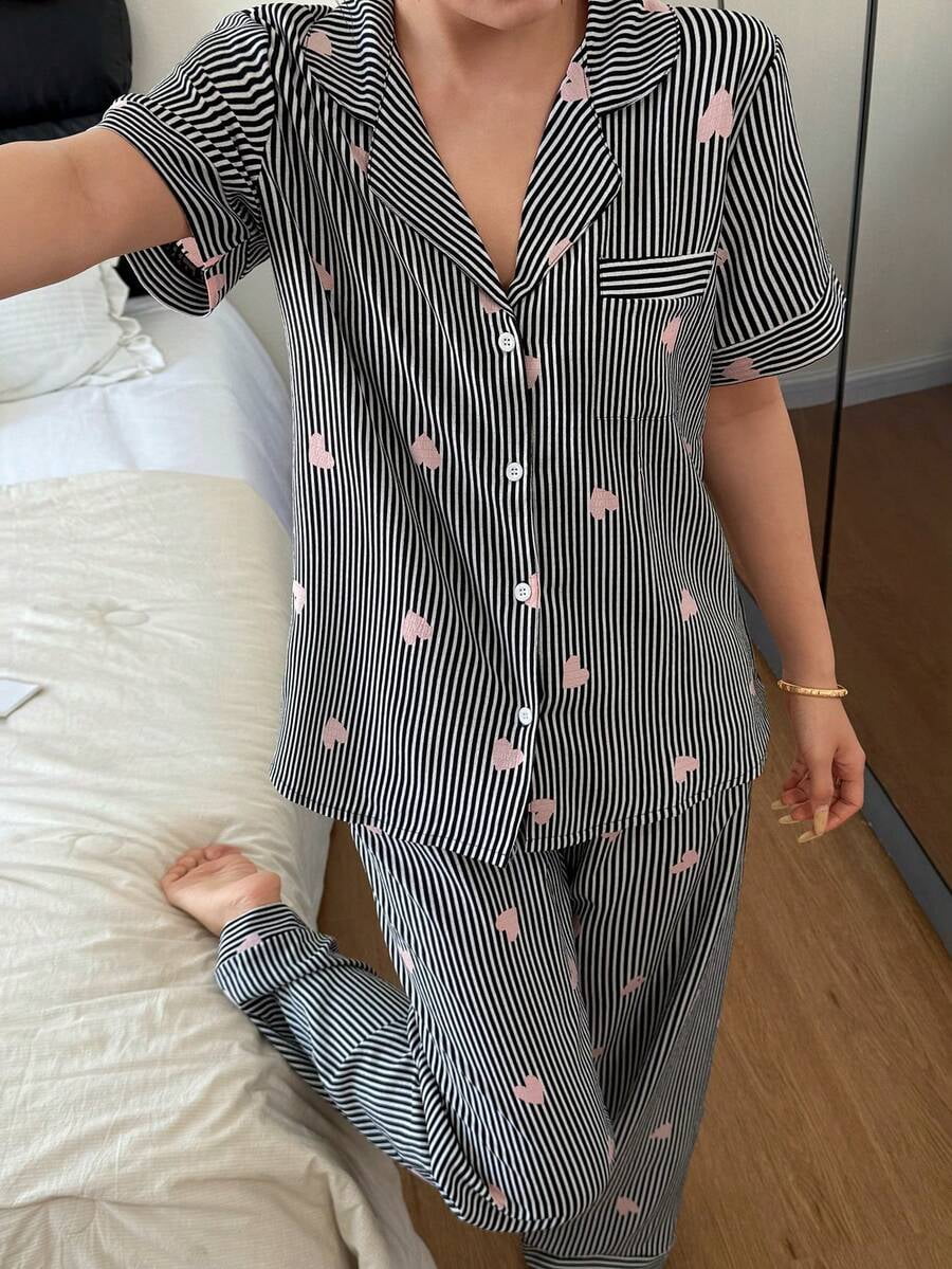 Black Striped Heart Print Lapel Short Sleeve Top And Pants Matching ...