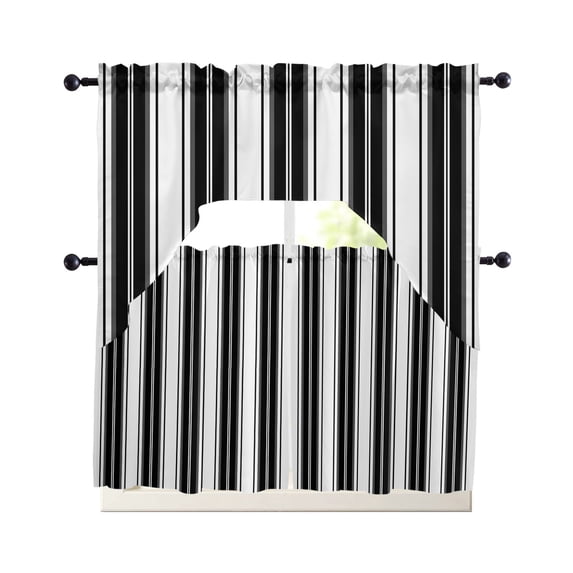 Black Striped Kitchen Curtains Set for Windows 3 Piece Cafe Curtains 24 ...