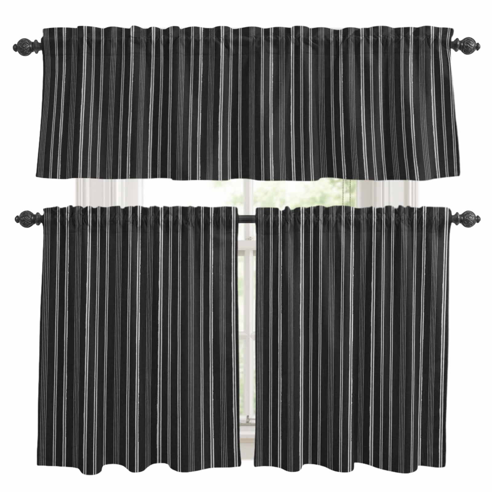 Black Striped Kitchen Curtains Set for Windows, Farmhouse Stripes ...