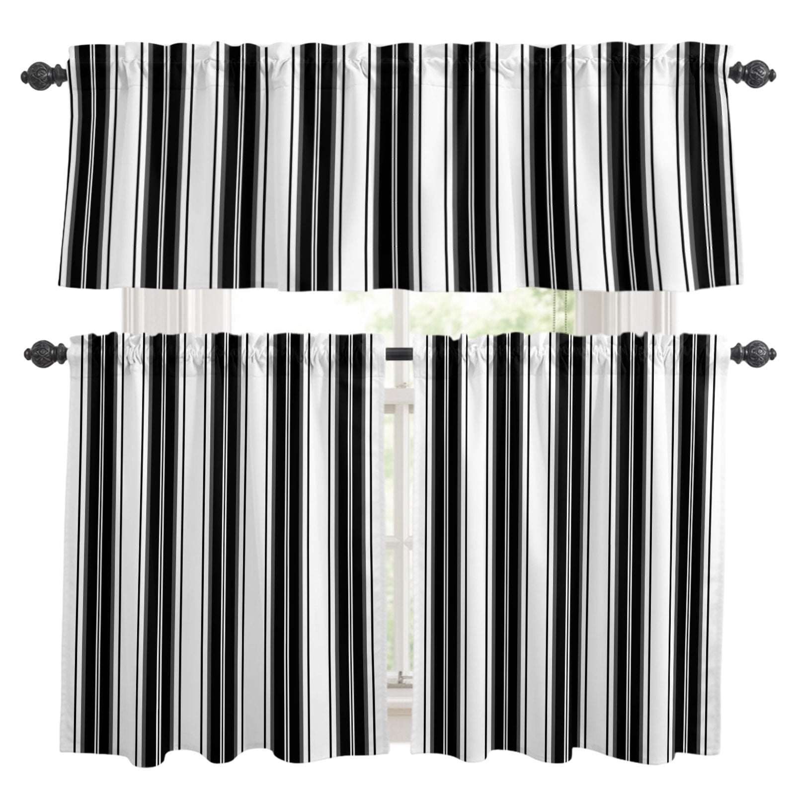 Black Striped Kitchen Curtains Set for Windows, Vertical Stripe Modern ...