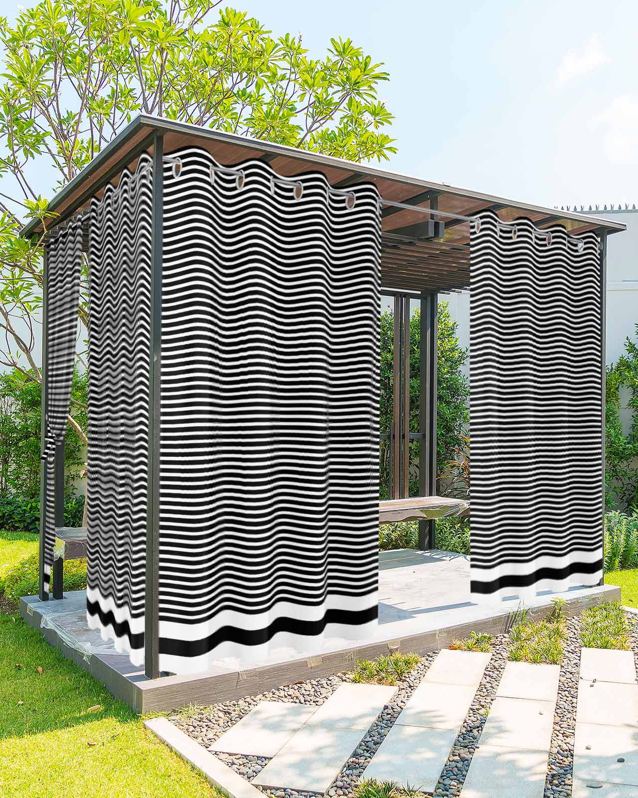Black Striped Outdoor Curtains for Patio Waterproof, Geometric Grommet ...
