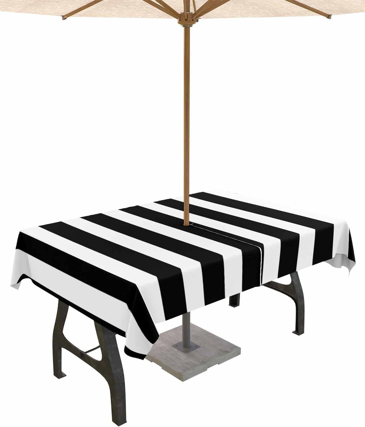 Black Striped Outdoor Tablecloth with Umbrella Hole & Zipper, Farmhouse ...