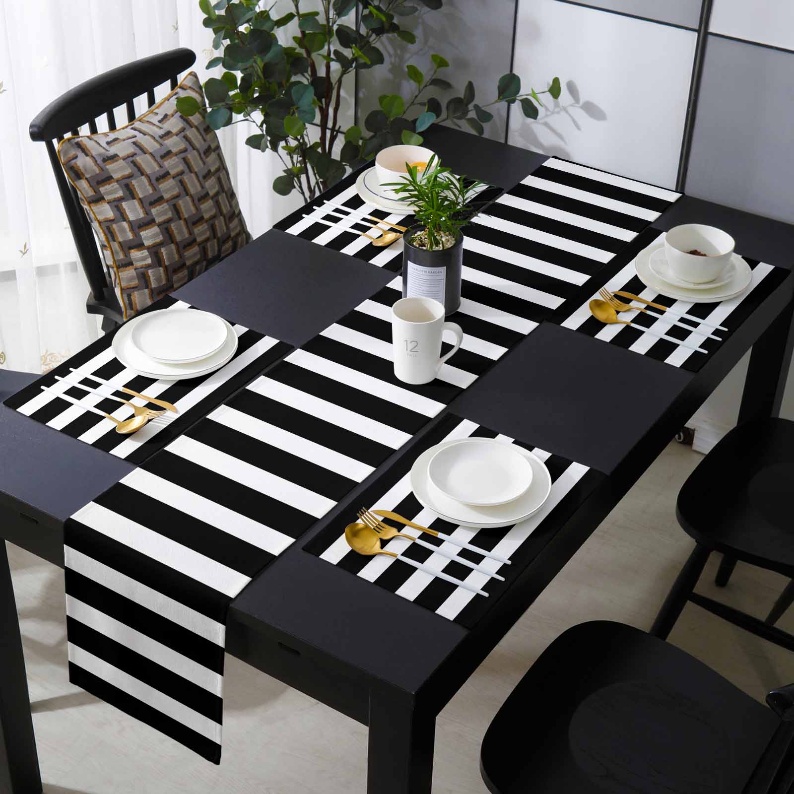 Black Striped Placemats Set of 6 with 90 Inches Long Table Runners ...